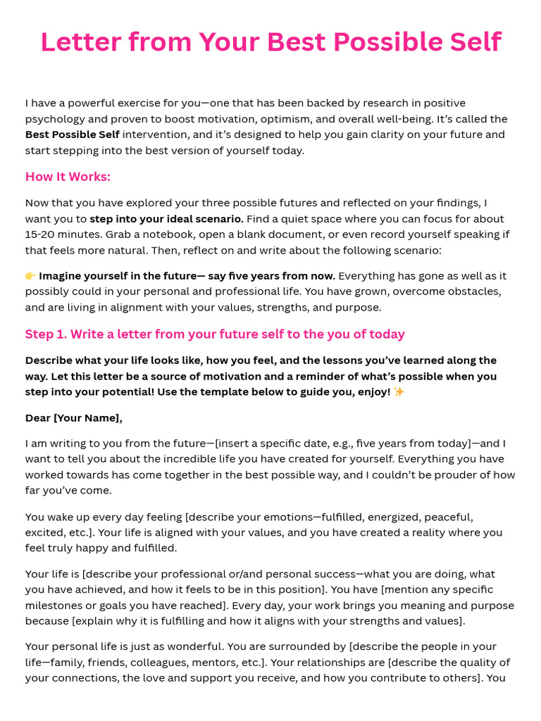 Best Possible Self Exercise | PDF | Cognition | Behavioural Sciences