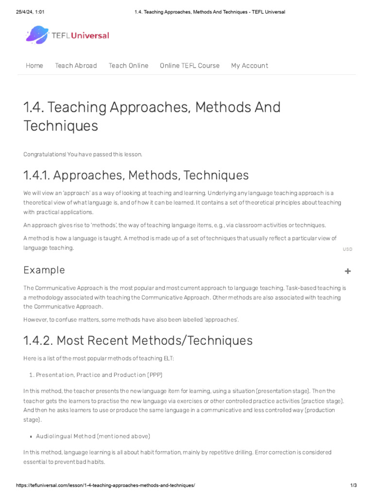 1.4. Teaching Approaches, Methods and Techniques - TEFL Universal | PDF | Language Education ...
