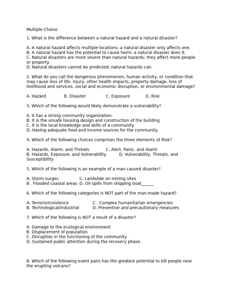 Disaster Readiness and Risk Reduction Multiple Choice | PDF | Natural ...