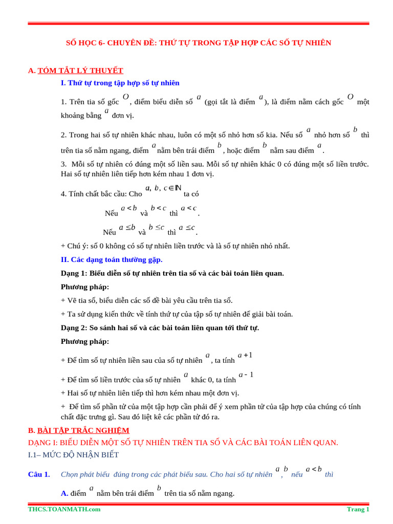 Tom Tat Ly Thuyet Va Bai Tap Trac Nghiem Chuyen de Thu Tu Trong Tap Hop Cac So Tu Nhien | PDF
