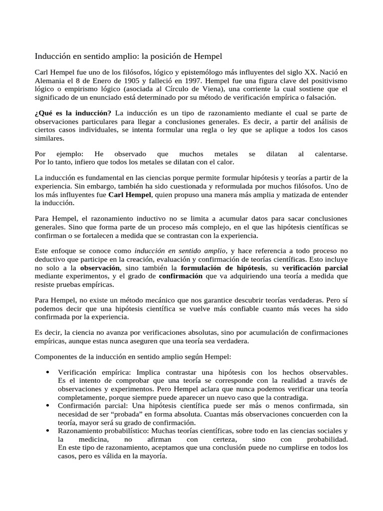 Inducción en Sentido Amplio La Posición de Hempel | PDF | Razonamiento inductivo | Teoría