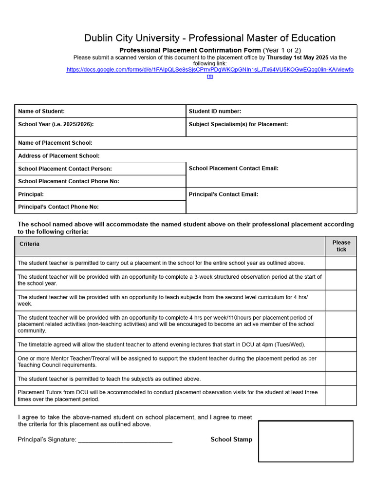 PME 2026 Placement Confirmation Form | PDF | Learning | Teaching