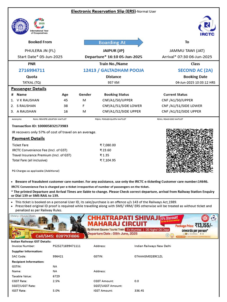 Galtadham Pooja Second Ac (2A) : Electronic Reservation Slip (ERS ...