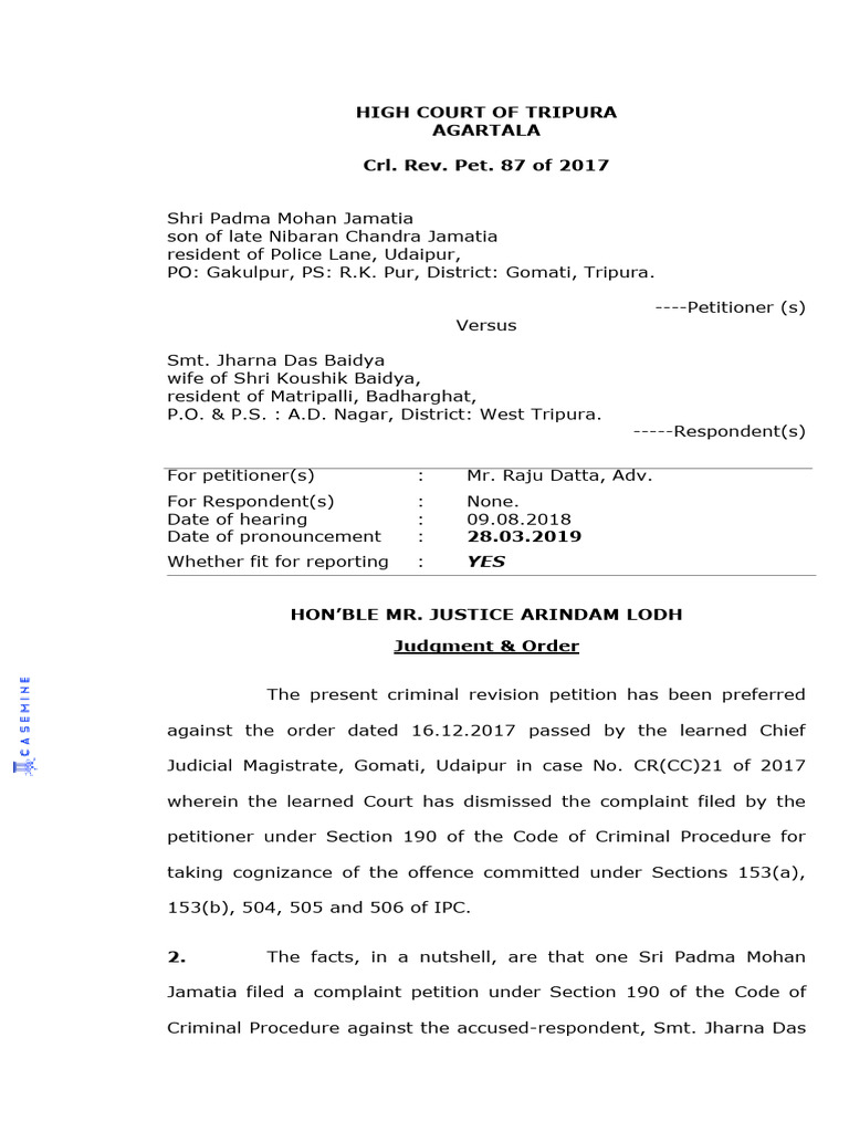 High Court of Tripura Agartala Crl. Rev. Pet. 87 of 2017 | PDF | Misconduct | Public Sphere