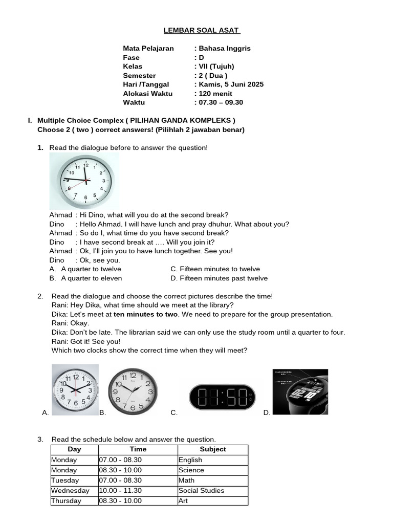 Naskah Soal Asat Bahasa Inggris Kelas 7 Edit | PDF