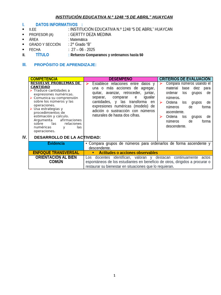 Sesion REFUERZO - Comparamos y Ordenamos Hasta 50 | PDF | Aprendizaje | Cognición