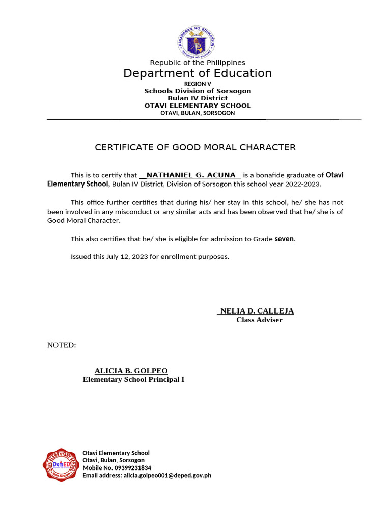 Certificate of Good Moral Character - Otavi Elementary | PDF