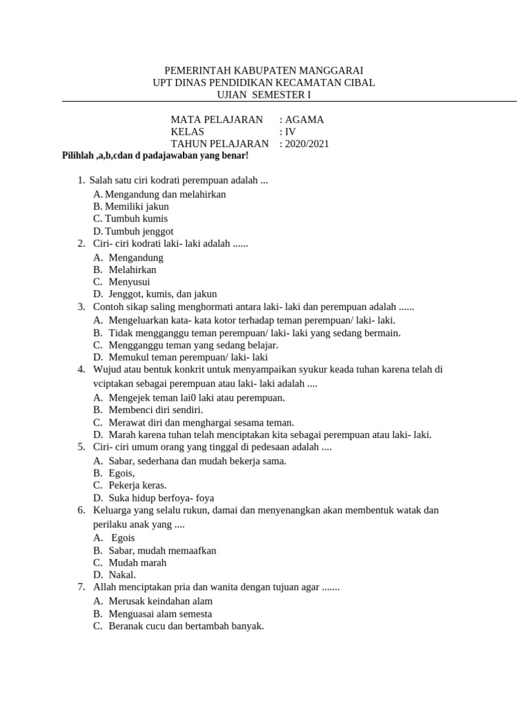 Soal Agama Kelas Iv | PDF