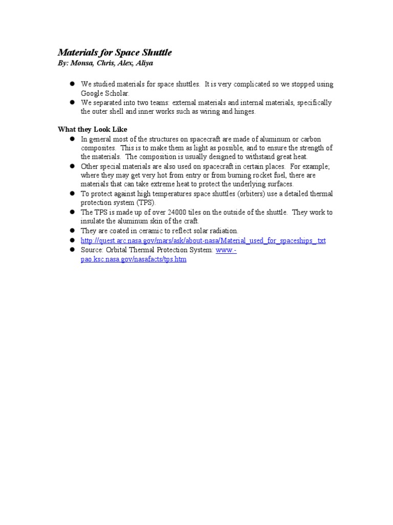 Materials For Space Shuttle | PDF | Space Shuttle Thermal Protection ...