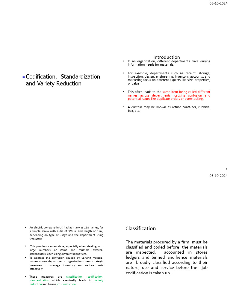 4a Codification, Classification, Standardization For Variety Reduction | PDF | Inventory ...