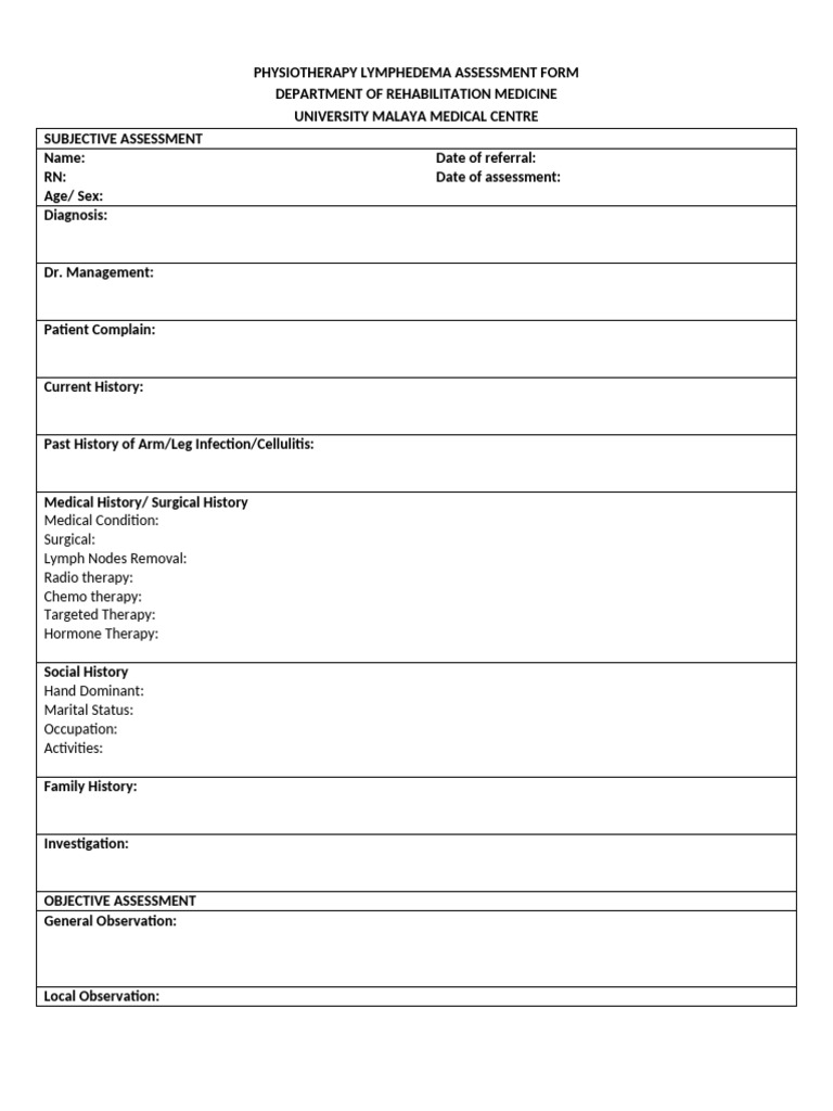 Physiotherapy Lymphedema Assessment | PDF