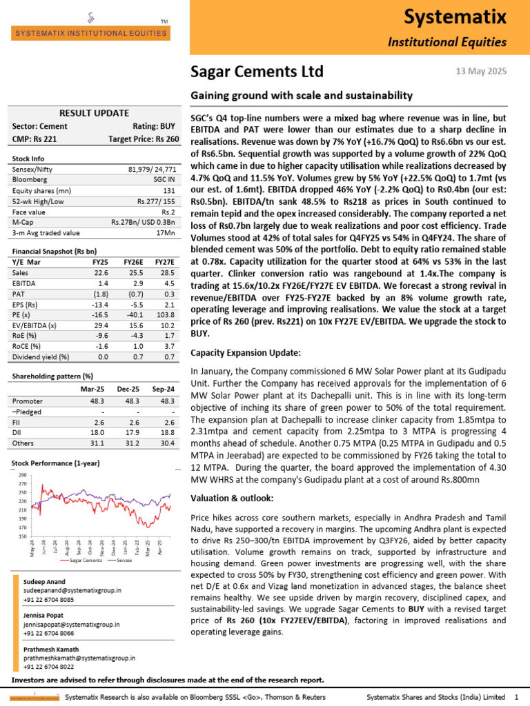 Systematix Sees 17% UPSIDE in Sagar Cements LTD Gaining Ground With | PDF | Expense | Stocks