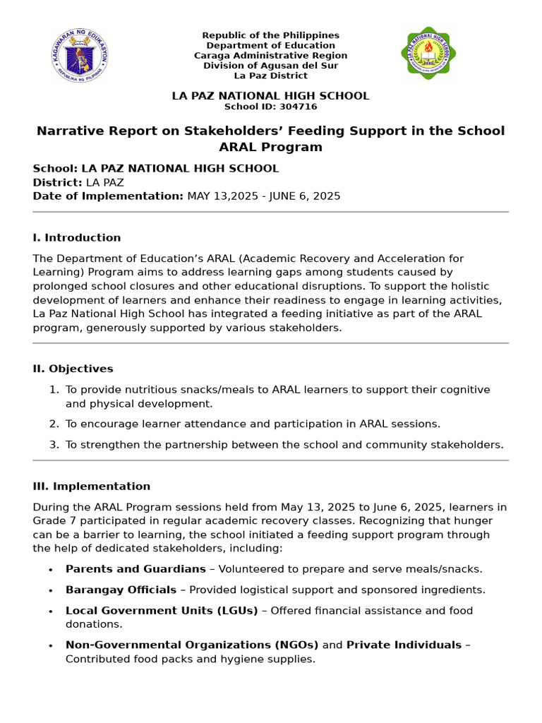 Narrative Report on ARAL Program Feeding | PDF