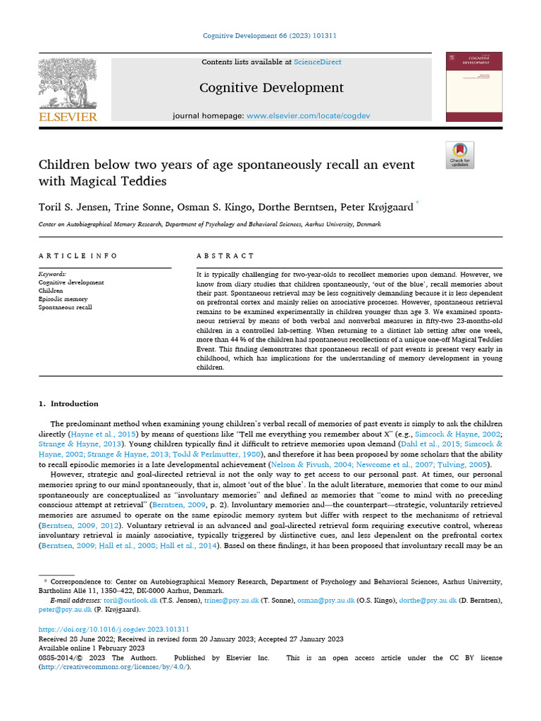 Children Below Two Years of Age Spontaneously Recall An - 2023 - Cognitive Deve | PDF | Recall ...