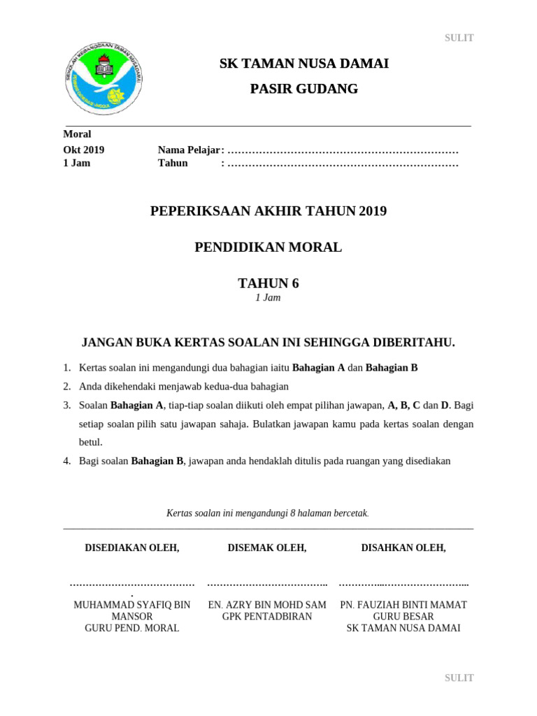 Cover Soalan PAT Pend Moral | PDF