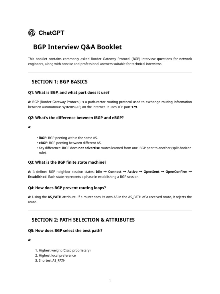 BGP Interview Qa Booklet | PDF | Network Layer Protocols | Data Transmission