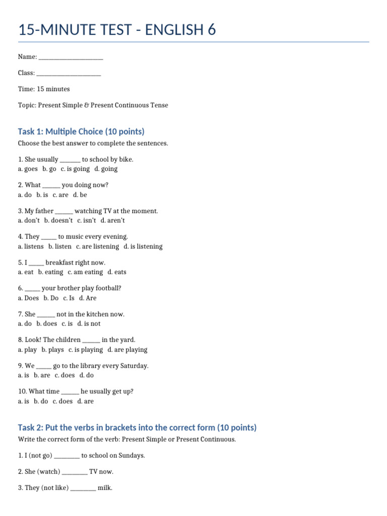 15 Minute Test English 6 | PDF