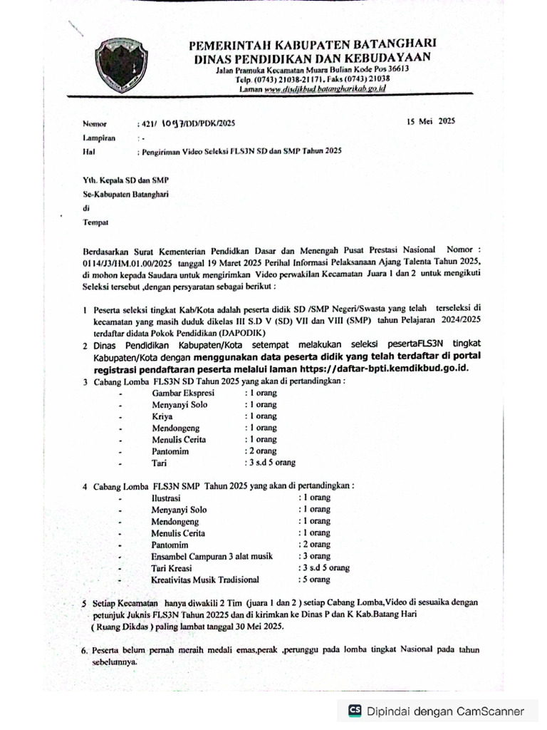 Surat Seleksi FLS3N SD SMP Tahun 2025 | PDF