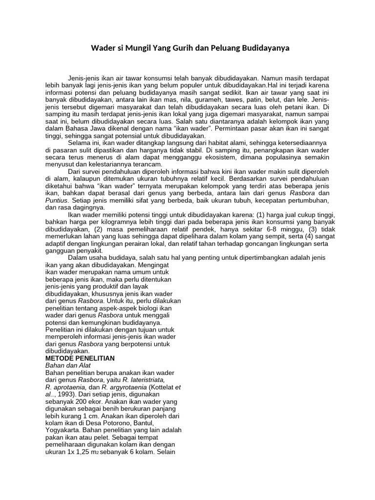 Potensi Budidaya Ikan Wader Genus Rasbora | PDF