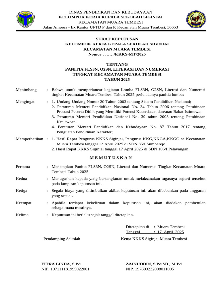 SK Panitia Fls3n, O2sn, Litnum 2025 Revisi | PDF