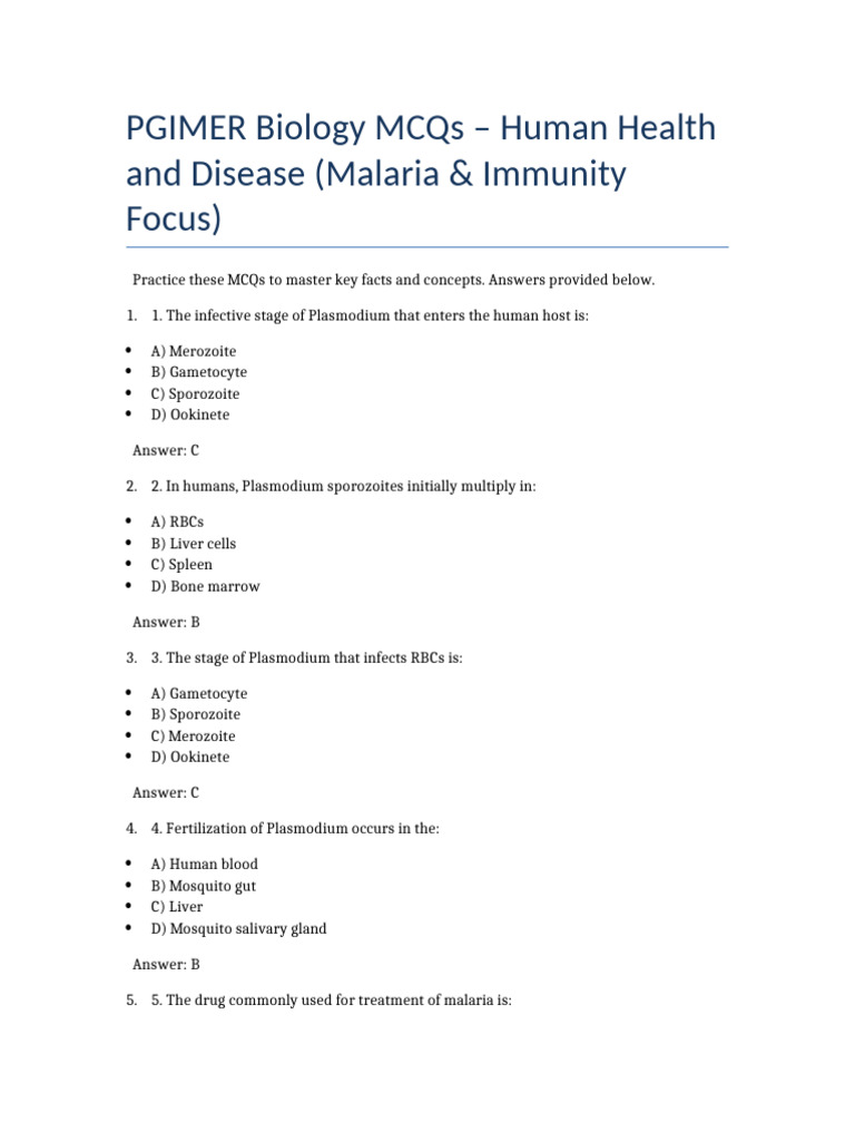 PGIMER Malaria Immunity MCQs | PDF