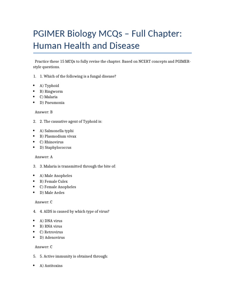 PGIMER Human Health and Disease Full Chapter MCQs | PDF