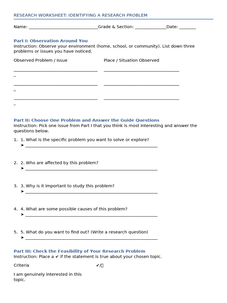 RESEARCH WORKSHEET Identifying Research Problem | PDF