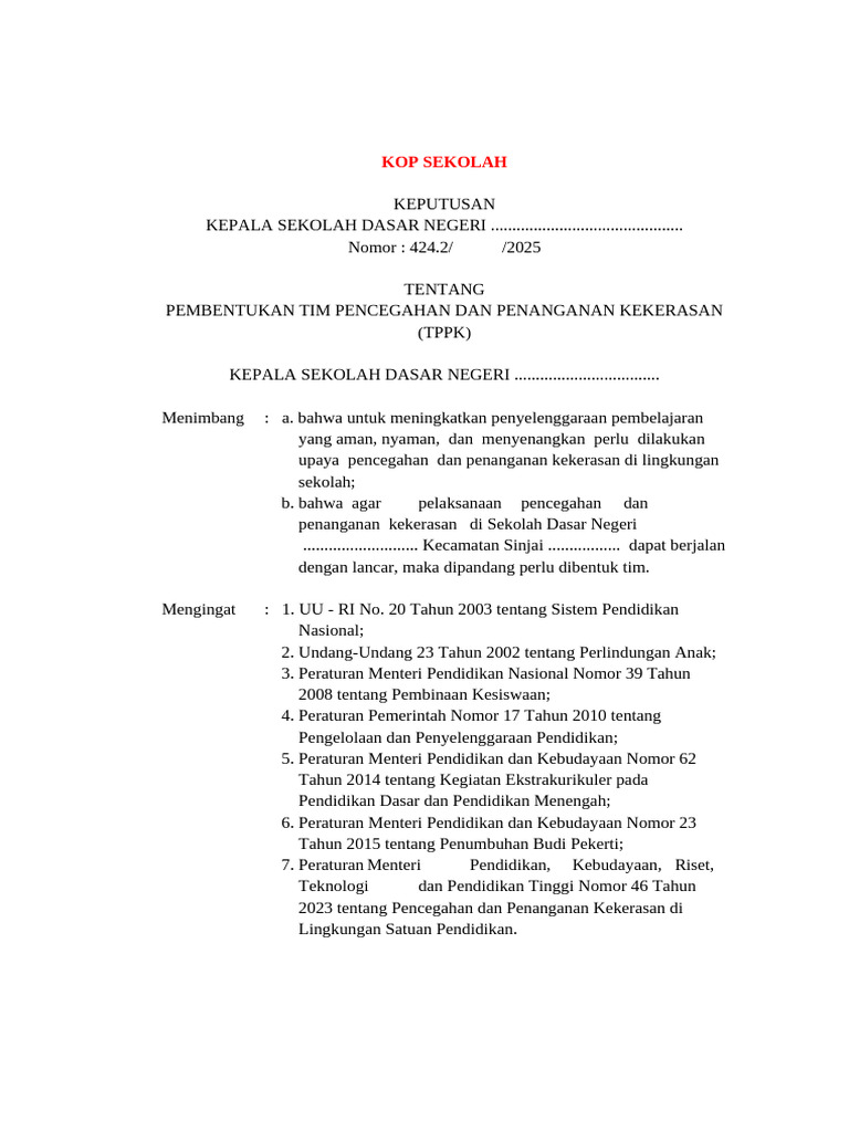SK Pembentukan Tim TPPK SD 2025 | PDF