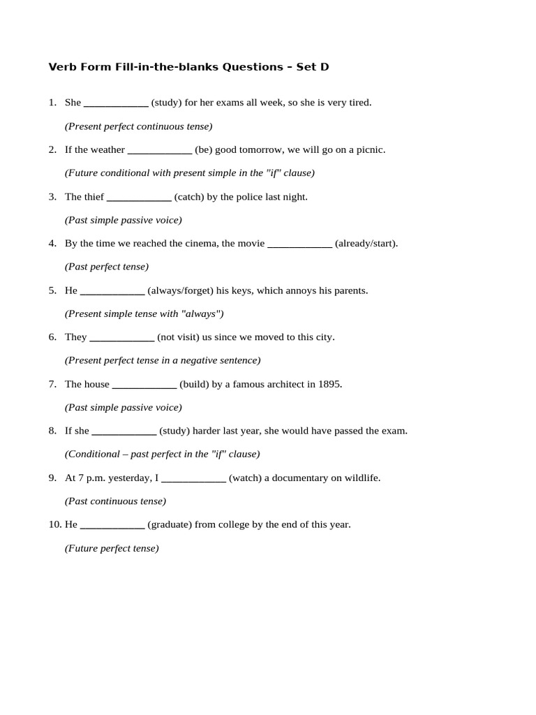 Verb Form Fill-In-The-Blanks Questions - Set D | PDF