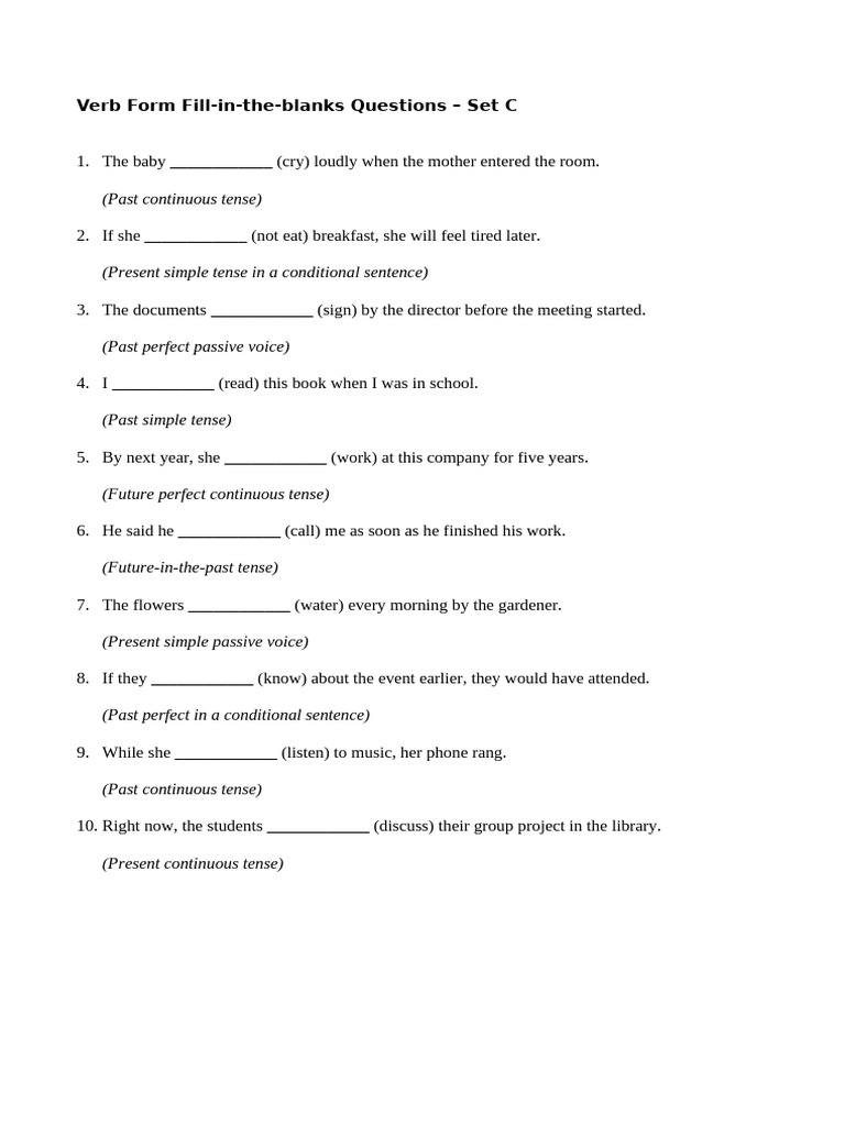 Verb Form Fill-In-The-Blanks Questions - Set C | PDF