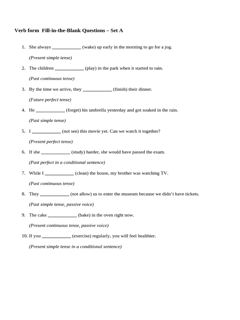 Verb Form Fill-in-the-Blank Questions - Set A | PDF