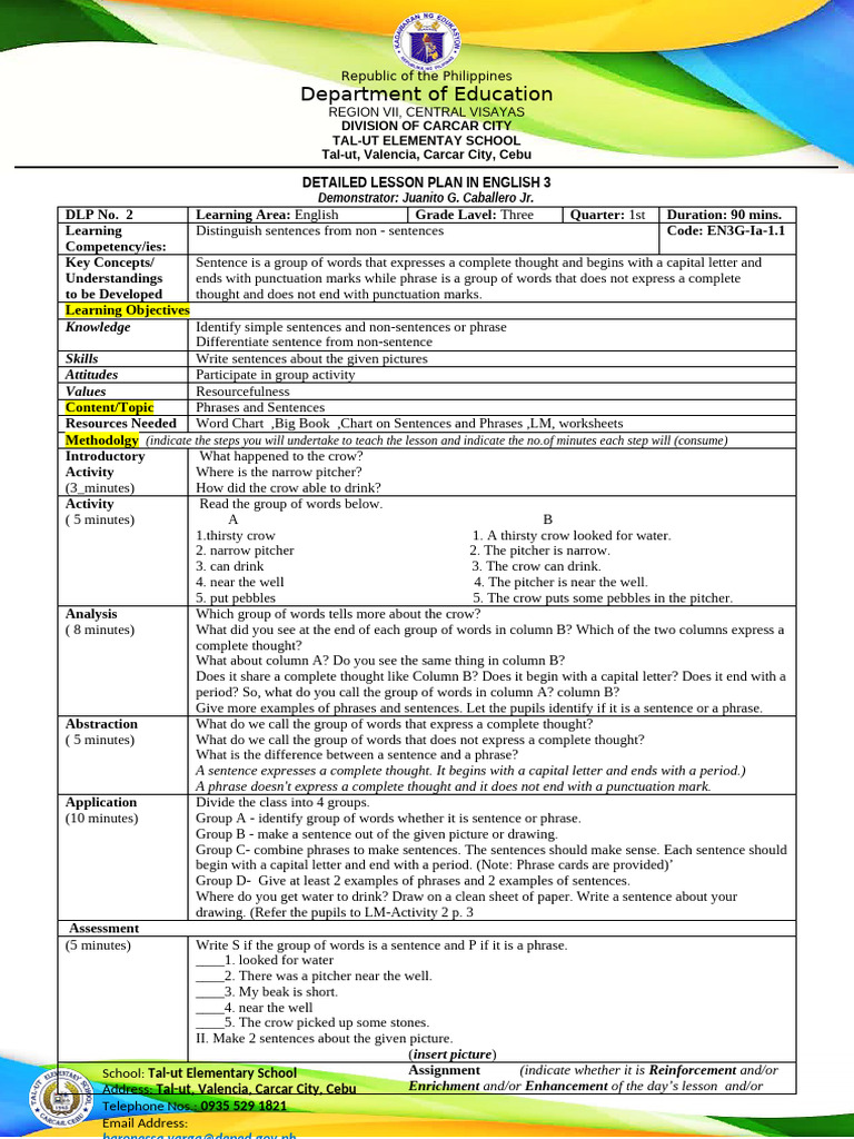 Lesson Plan English 3 (1stq Cot Grade3) | PDF | Phrase | Word