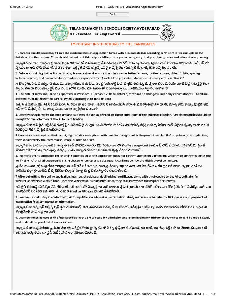 Toss Filled Application Form | PDF