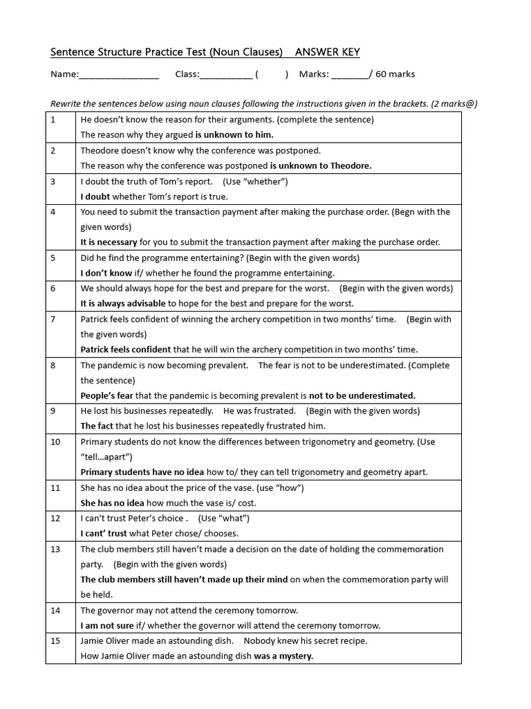 Noun Clauses Sentence Structure Test | PDF | Sentence (Linguistics)