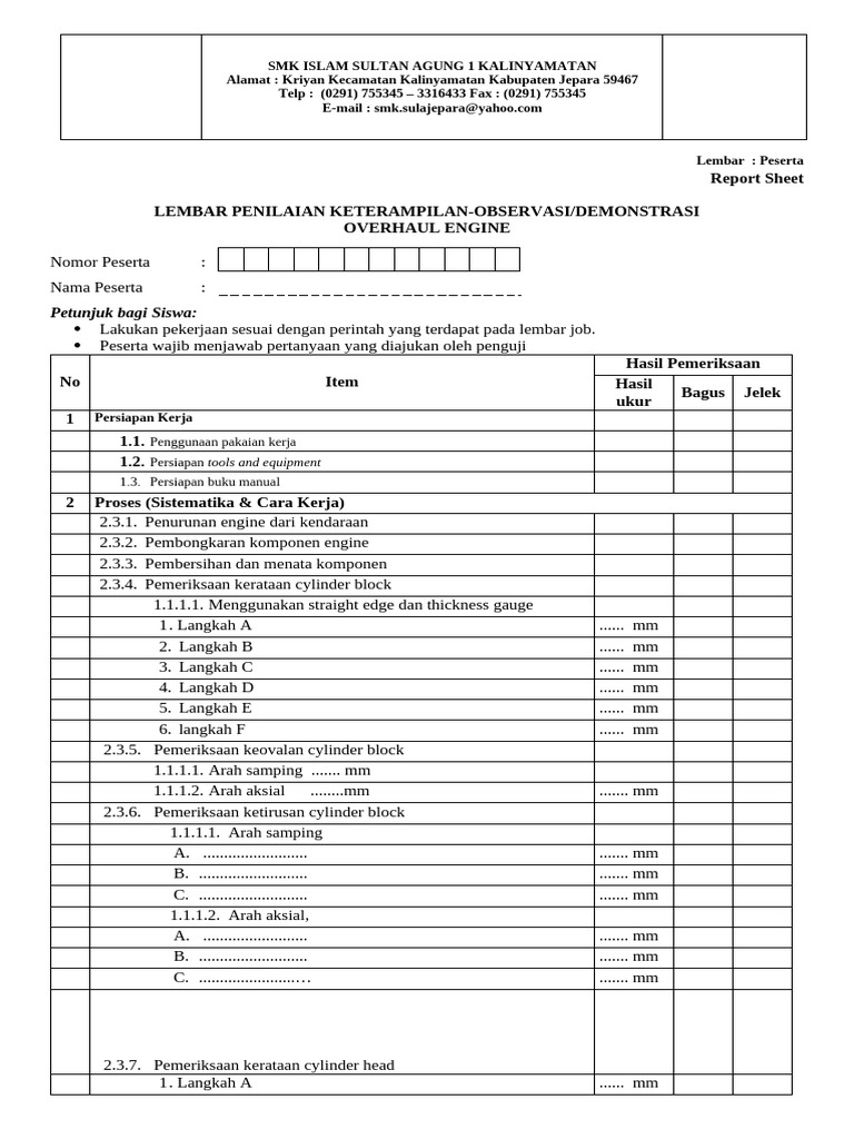 Report Sheet Overhoul Engine Ok | PDF