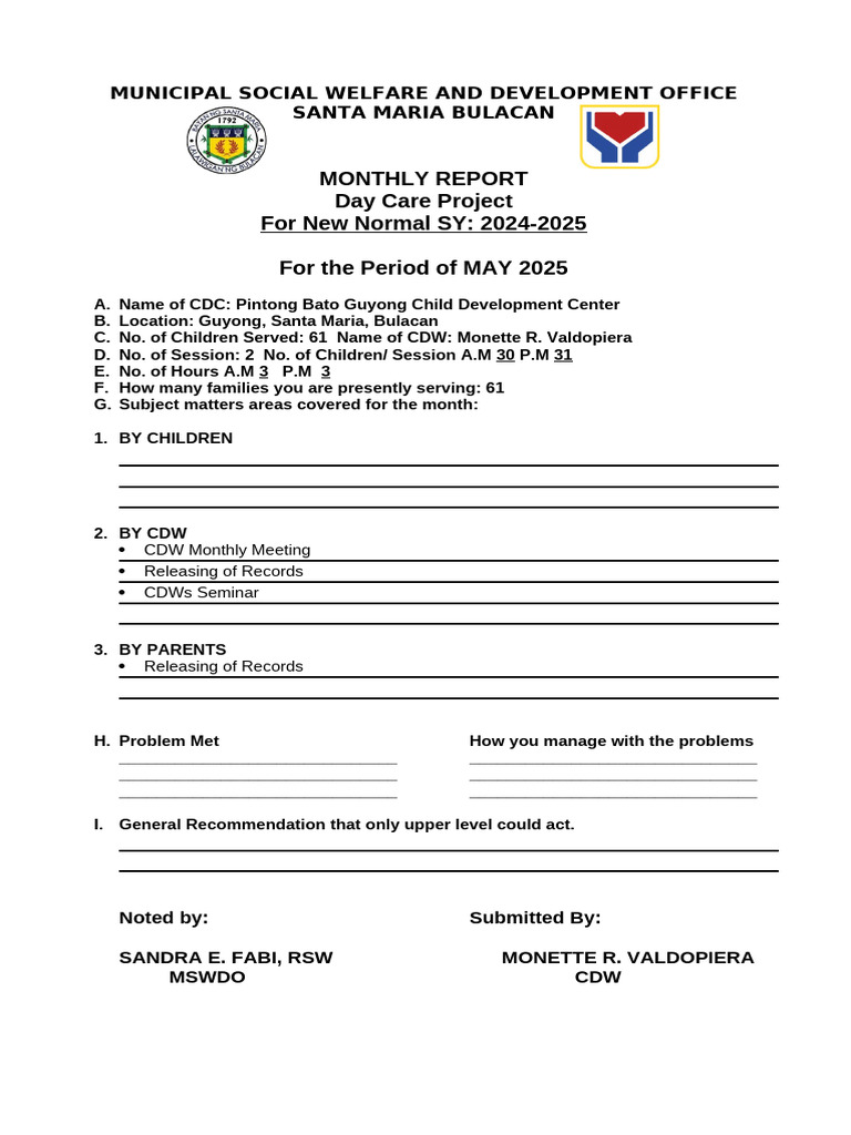 PB May 25 Monthly Report Form For CDW | PDF