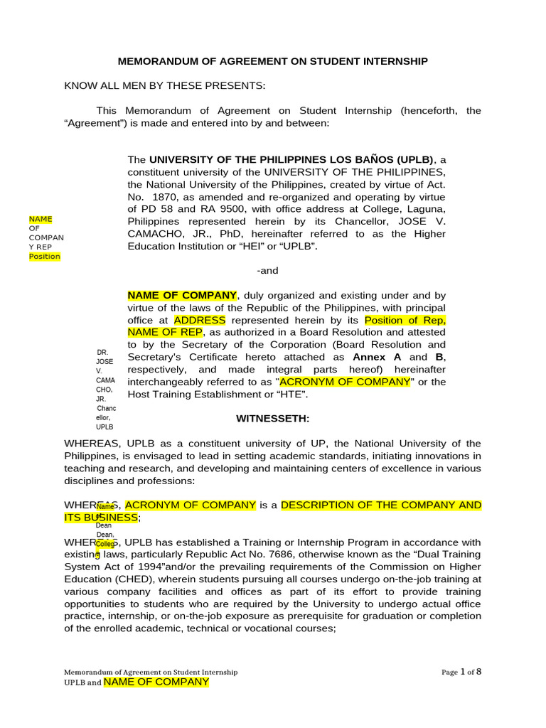 008 2022 LO Form 01 Sample MOA On UPLB Students Internship With AICA ...