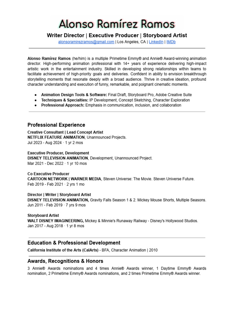 Alonso Ramirez Ramos - Resume - 2025 | PDF | Animation | Walt Disney
