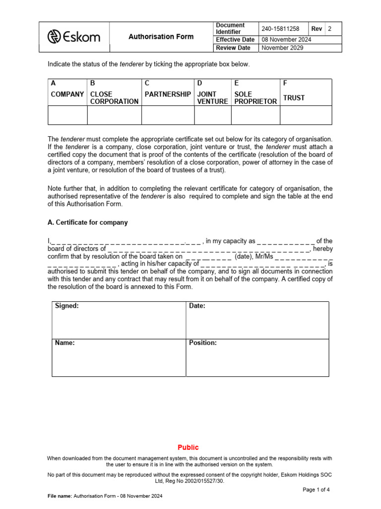Authorisation Form - 08 November 2024 | PDF | Joint Venture | Signature