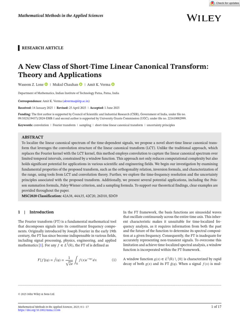 A New Class of Short-Time Linear Canonical TransformTheory and Applications | PDF | Fourier ...