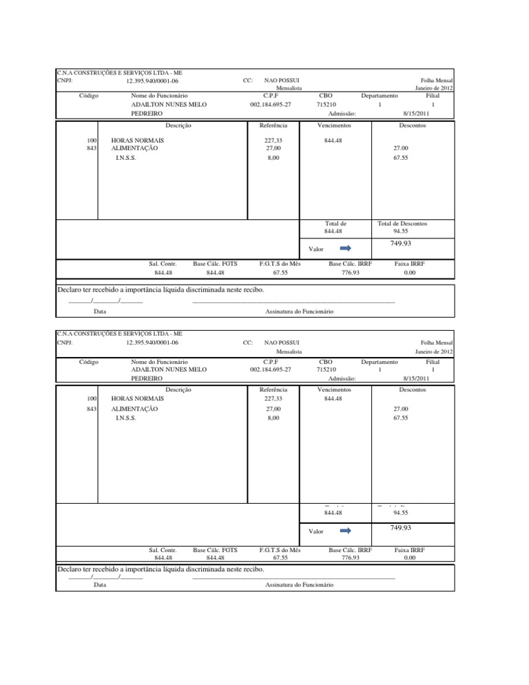 Modelo Contra Cheque