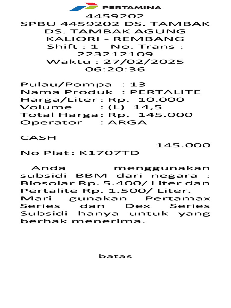 Struk Pertamina TGL 27 Februari 2025 SPBU Ds Tambak | PDF