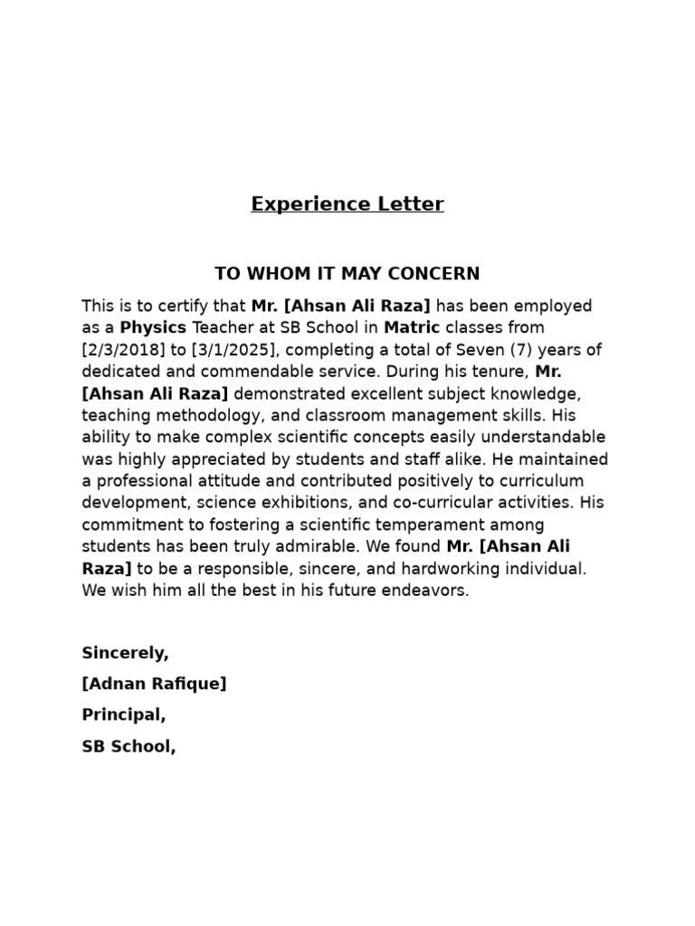 Physics Teacher Experience Letter | PDF