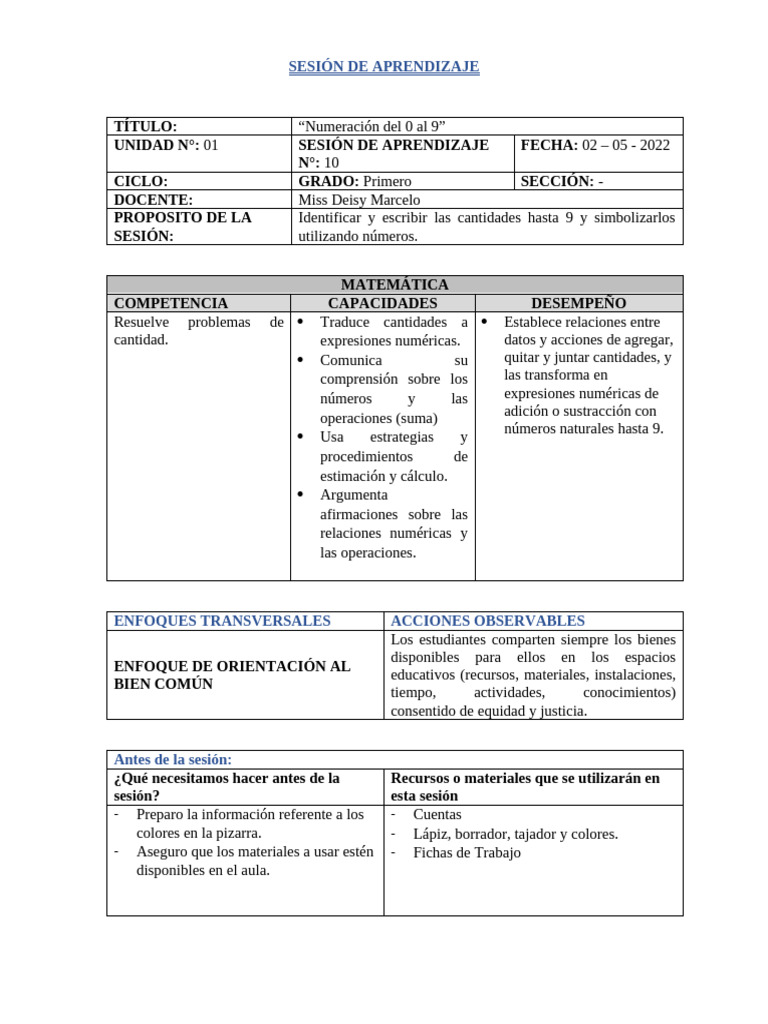 Numeración del 0 al 9 en Primer Grado | PDF | Ciencia cognitiva | Cognición