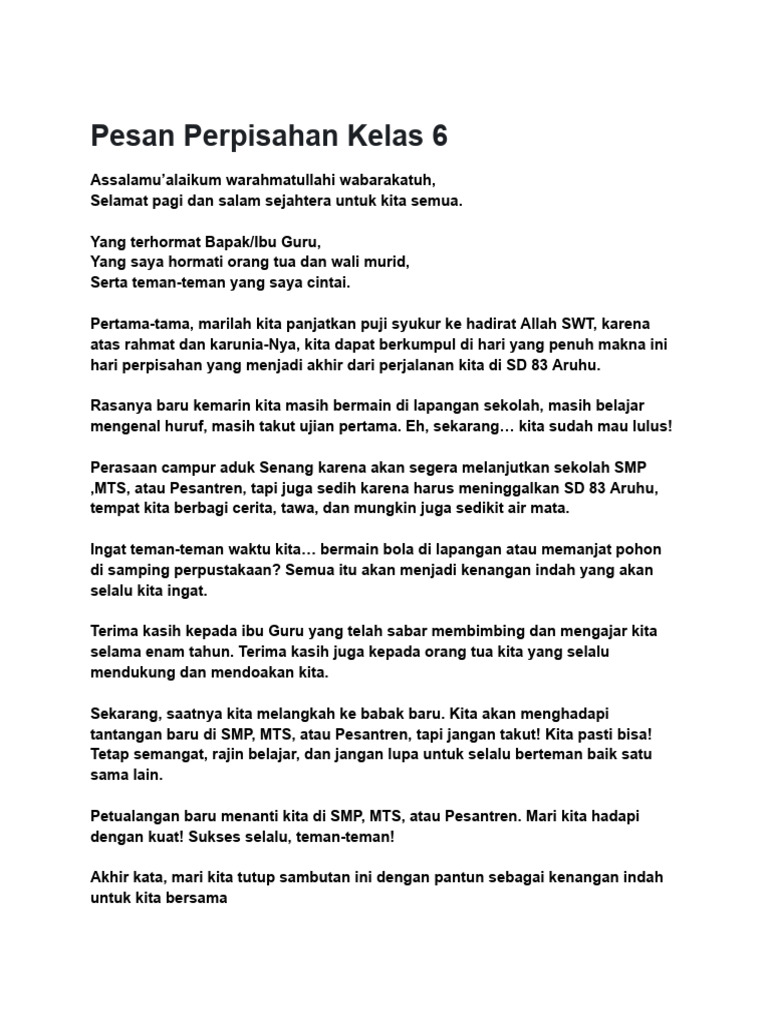 Pesan Perpisahan Kelas 6 SD 83 Aruhu | PDF