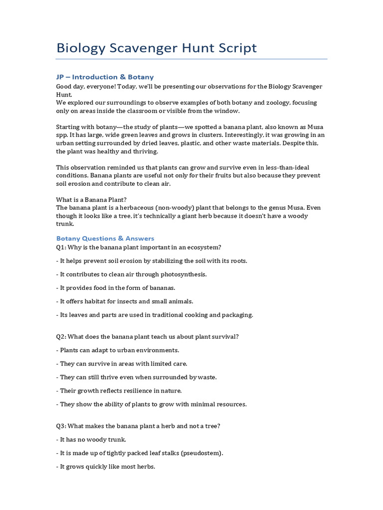Biology Scavenger Hunt Full Scripttt6 | PDF | Banana | Plants