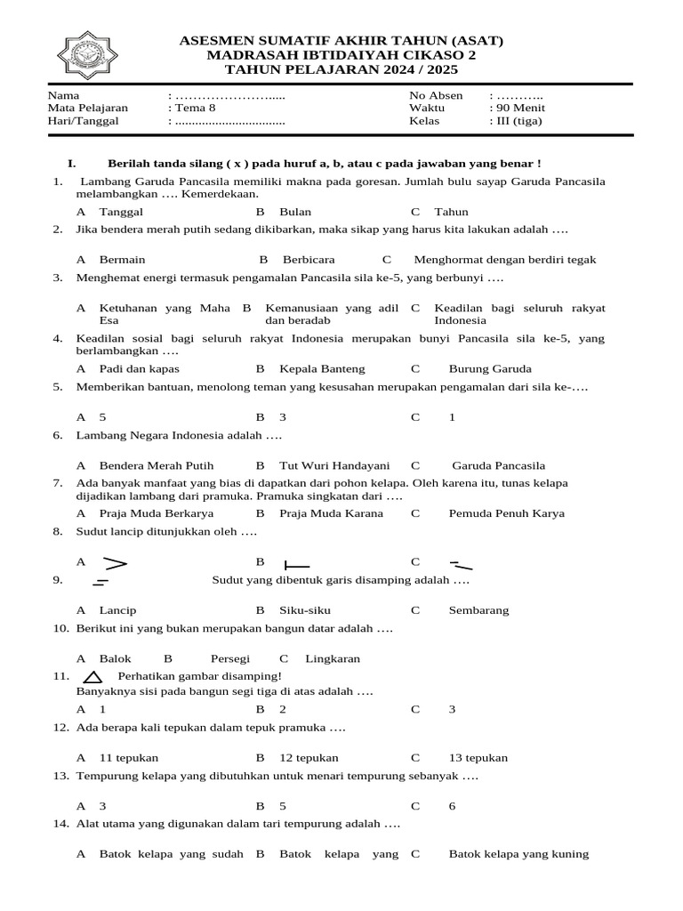 Format Naskah Soal Pat Tema 8 Kelas 3 | PDF