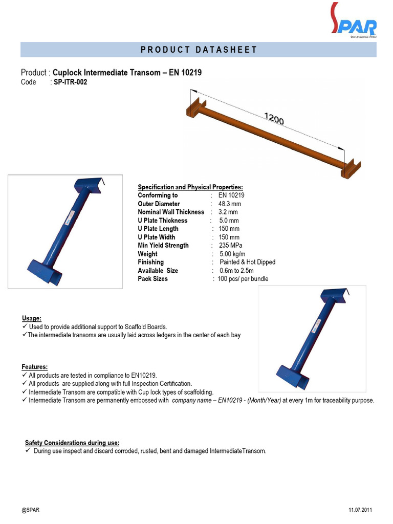 Cuplock Intermediate Transom Specs | PDF