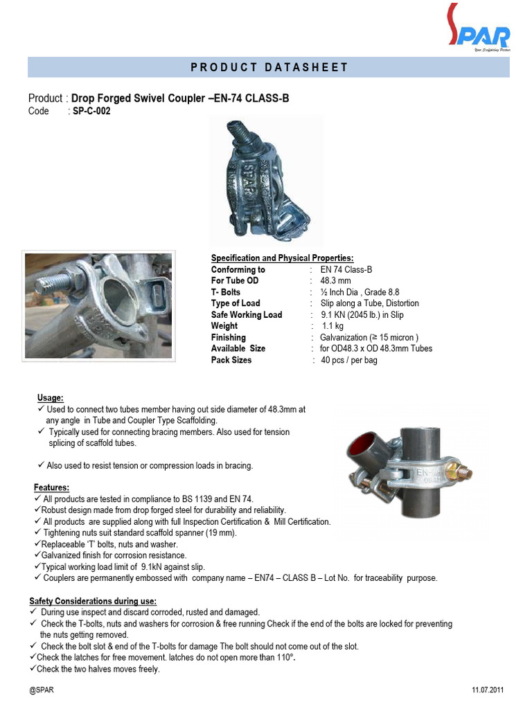 Drop Forged Swivel Coupler Specs | PDF | Scaffolding | Screw