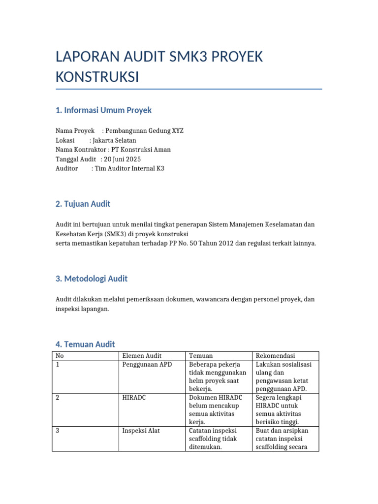 Laporan Audit SMK3 Proyek | PDF